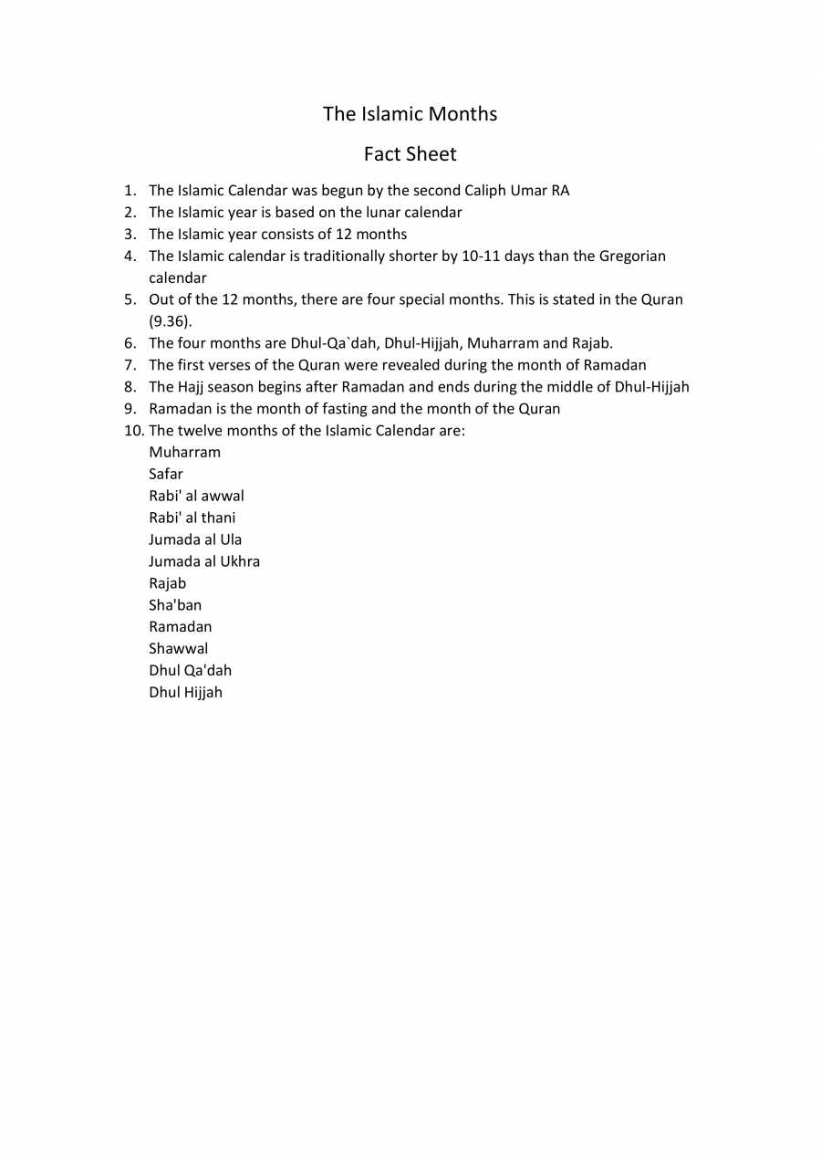 The Islamic Months Fact sheet | An Nasihah Publications