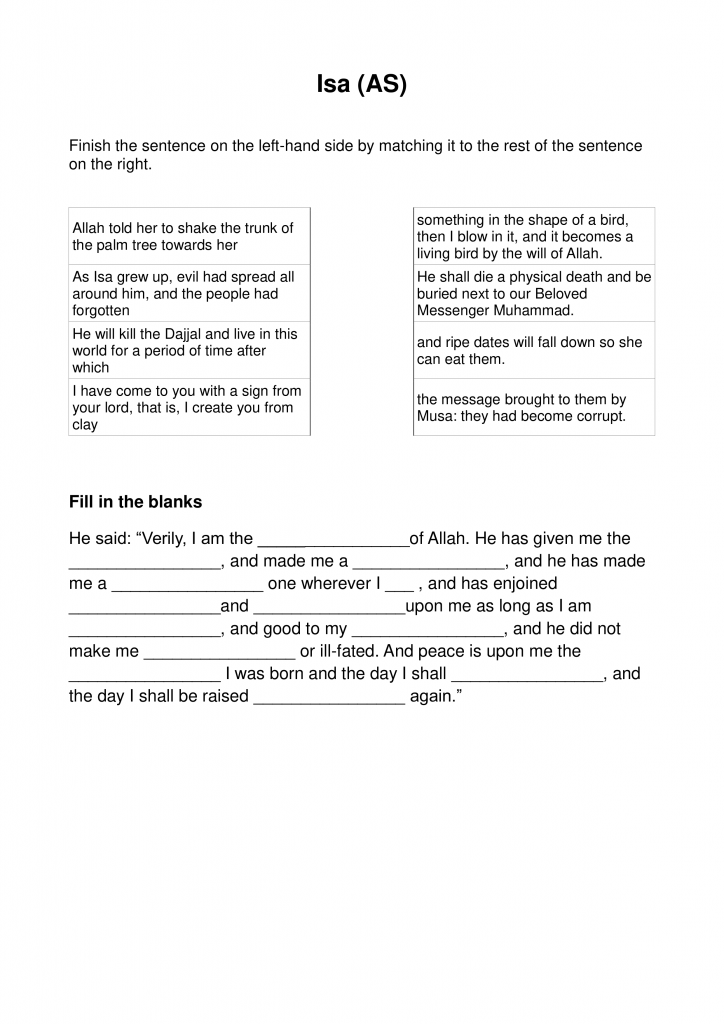 Isa (AS) Worksheets | An Nasihah Publications