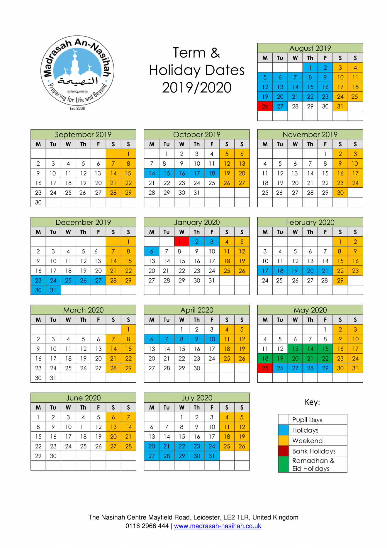 Annual Term Dates 2019/2020 | An Nasihah Publications