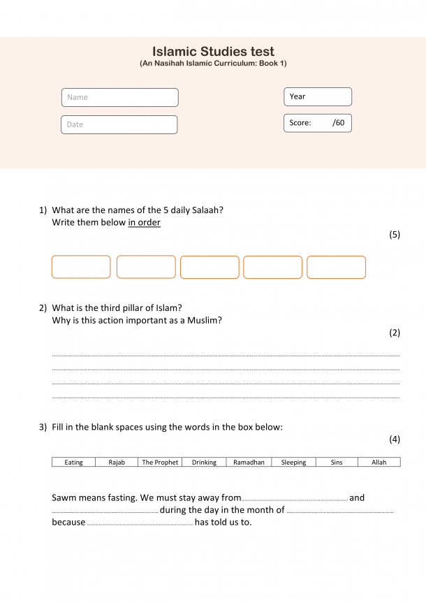 Islamic Curriculum Coursebook 1- Test | An Nasihah Publications
