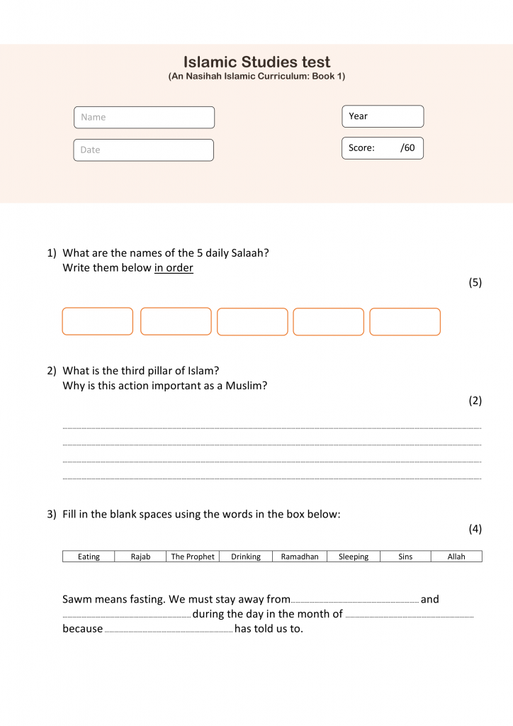 Islamic Curriculum Coursebook 1- Test | An Nasihah Publications