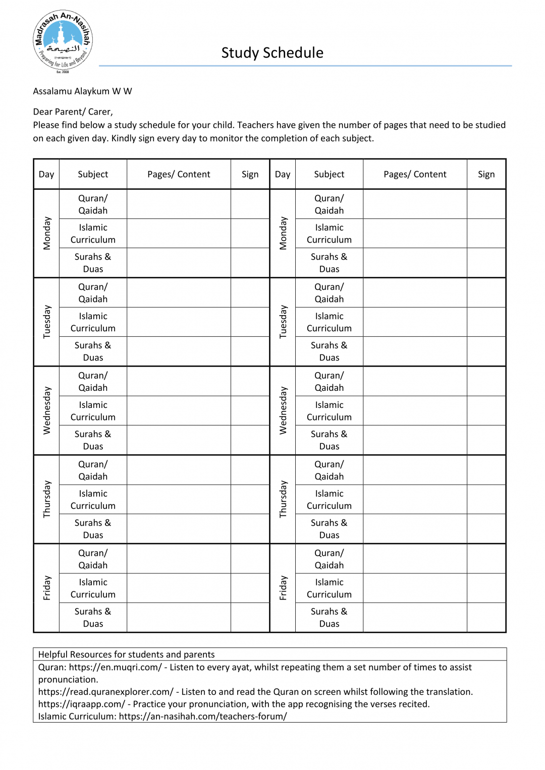 Study Schedule | An Nasihah Publications