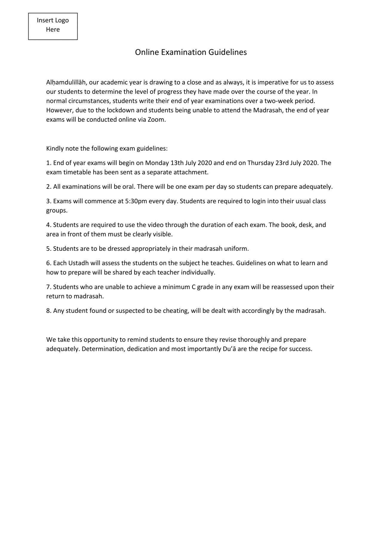 Online Examination Guidelines Template | An Nasihah Publications