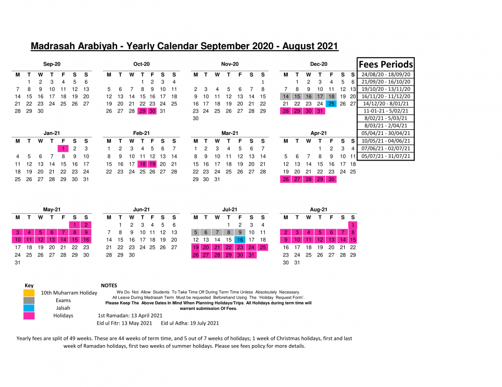 Academic Year Calendar Template 2020/2021 | An Nasihah Publications