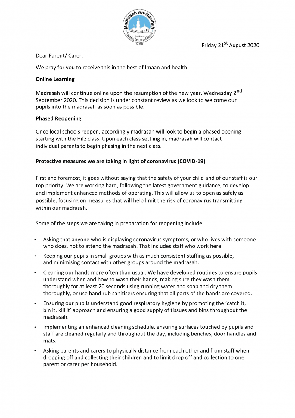 Madrasah Re-opening Letter Autumn Term 2020 | An Nasihah Publications